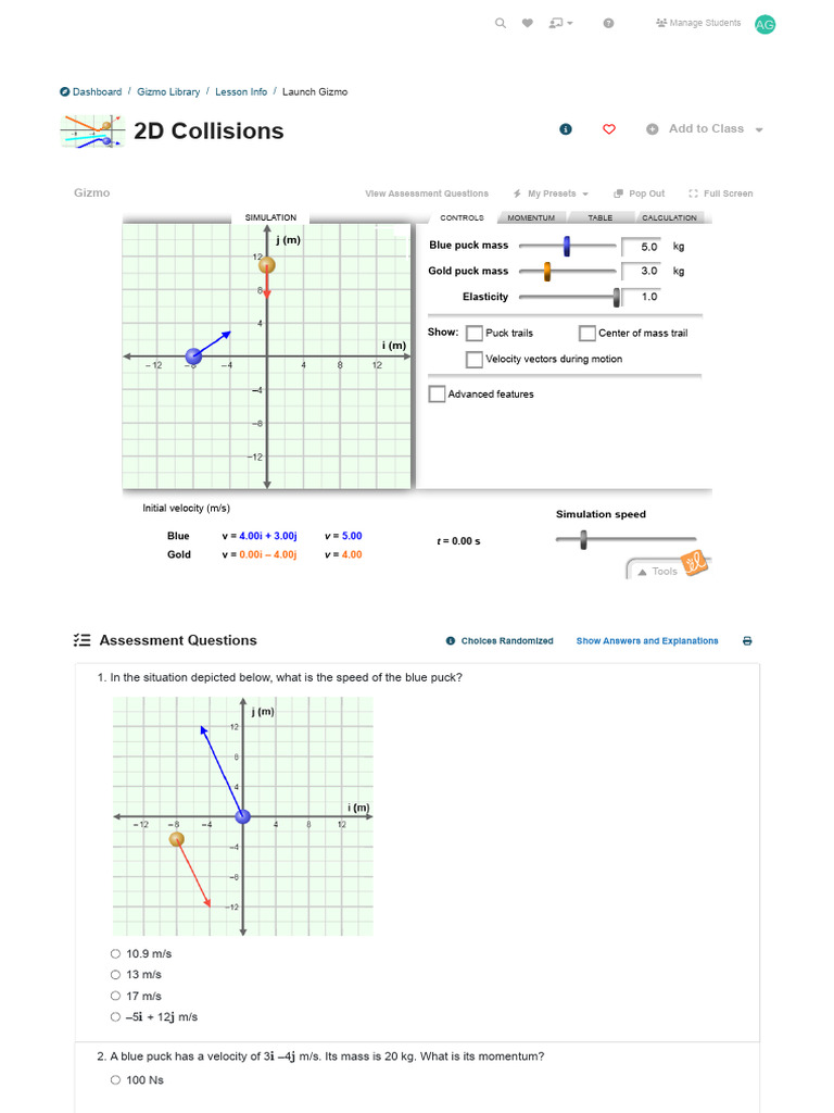 2D Collisions Gizmo Assesment Questions | PDF | Momentum | Collision