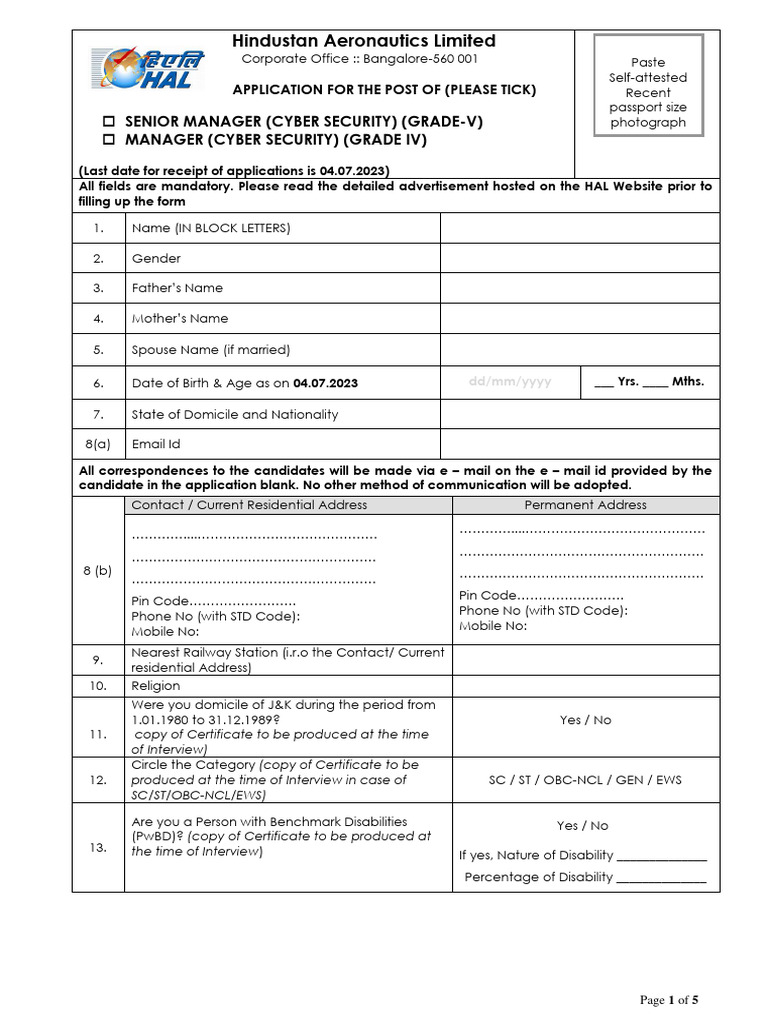 Senior Manager Manager Cyber Security Posts Application Form HAL | PDF