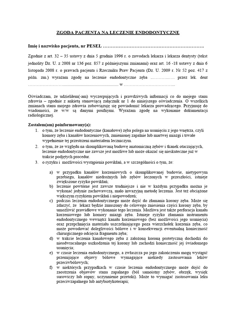 Zgoda Leczenie Endodontyczne | PDF
