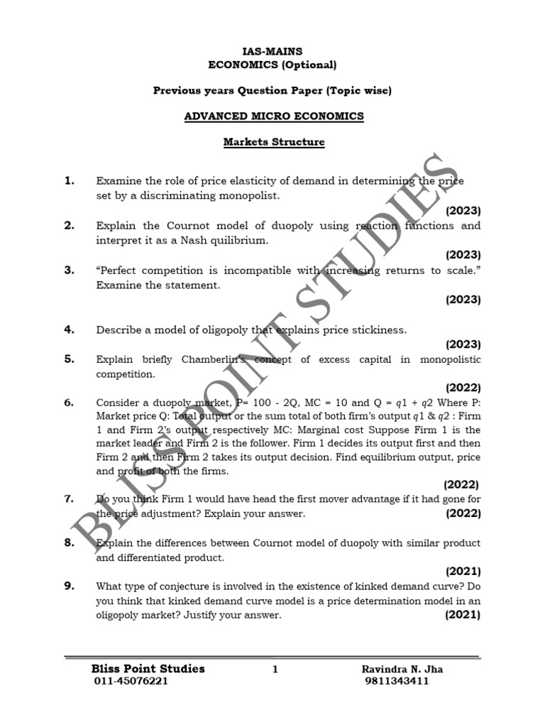 ADVANCED MICRO (Markets Structure) | PDF | Economic Equilibrium | Oligopoly