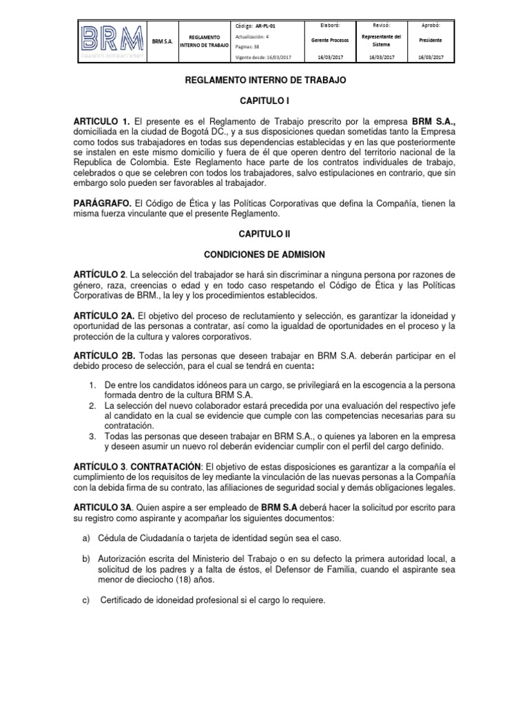 Ar-Pl-01 Reglamento Interno de Trabajo (v4) | PDF | Tiempo de trabajo | Derecho laboral