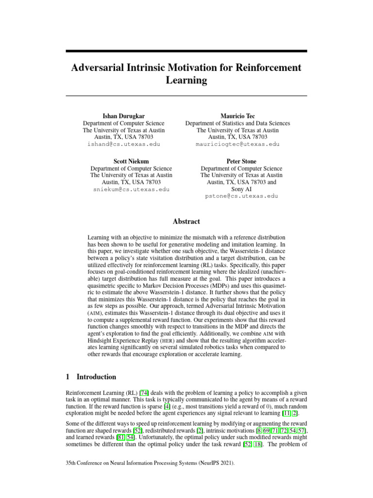 NeurIPS 2021 Adversarial Intrinsic Motivation For Reinforcement Learning Paper | PDF | Cognition