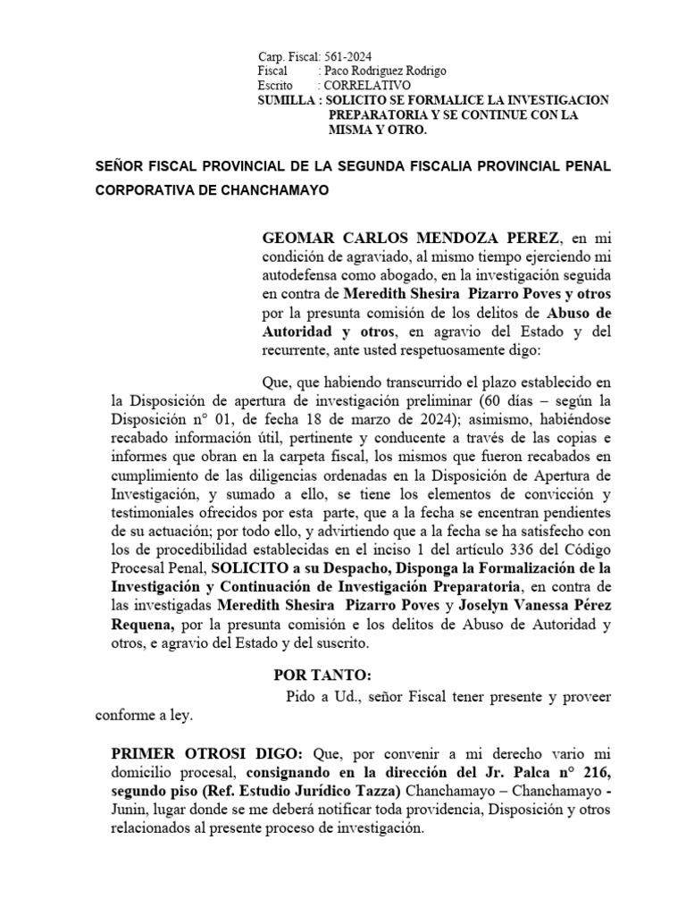 Formalización de Investigación Penal | PDF | Fiscal | Ley Pública