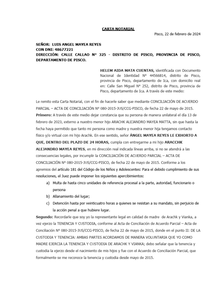 Carta Notarial sobre Tenencia y Alimentos | PDF | Justicia | Crimen y ...