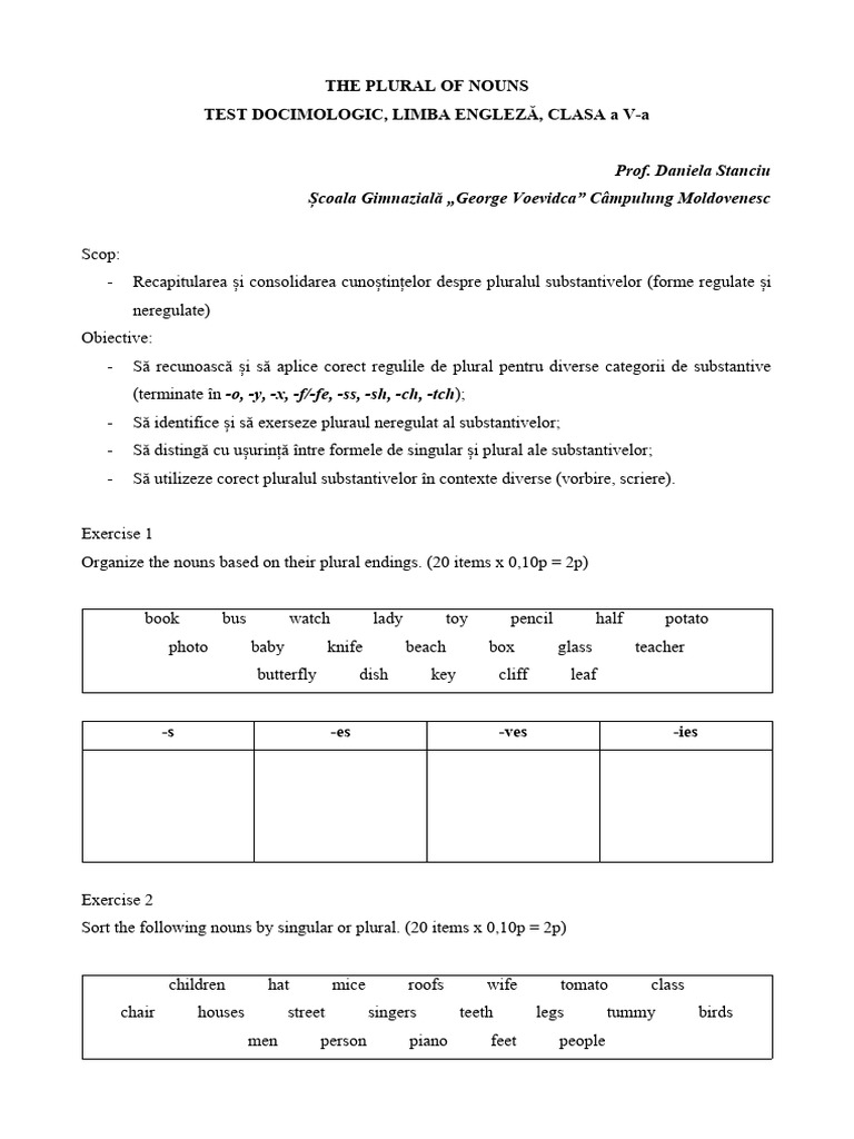 The Plural of Nouns - Test Docimologic | PDF | Plural | Noun