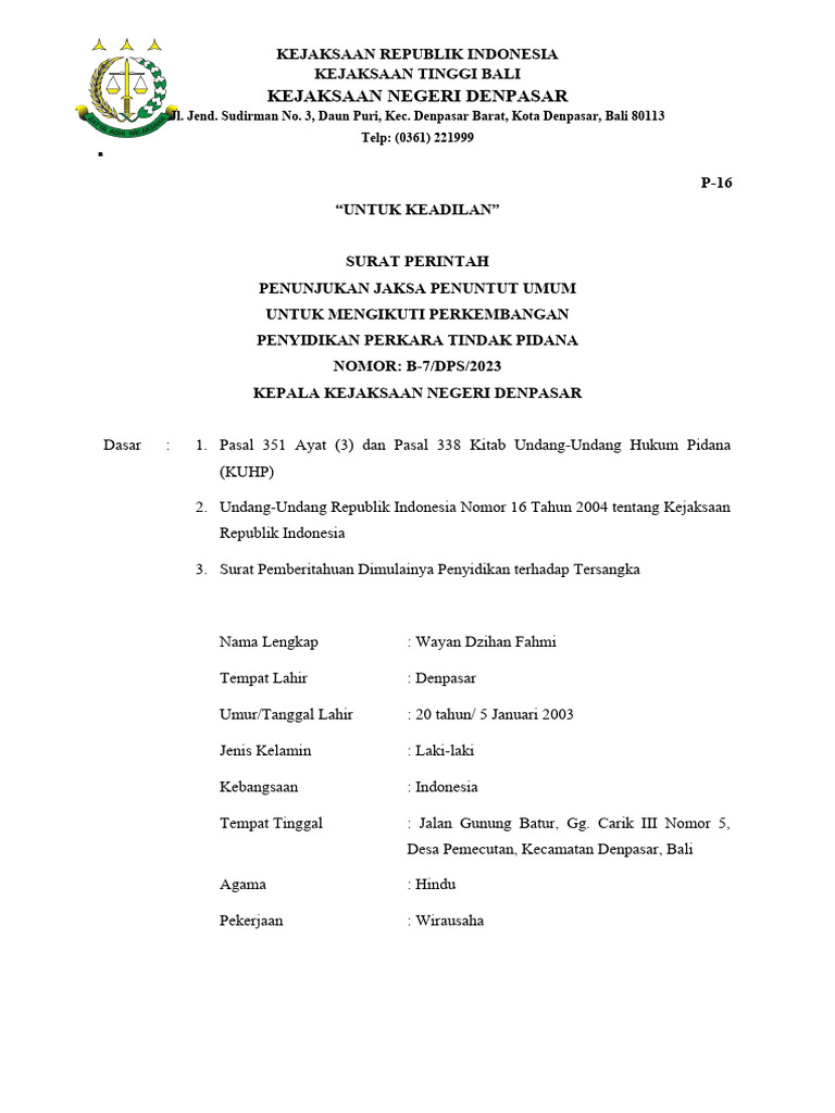 Surat Perintah Penunjukkan JPU (P-16) | PDF