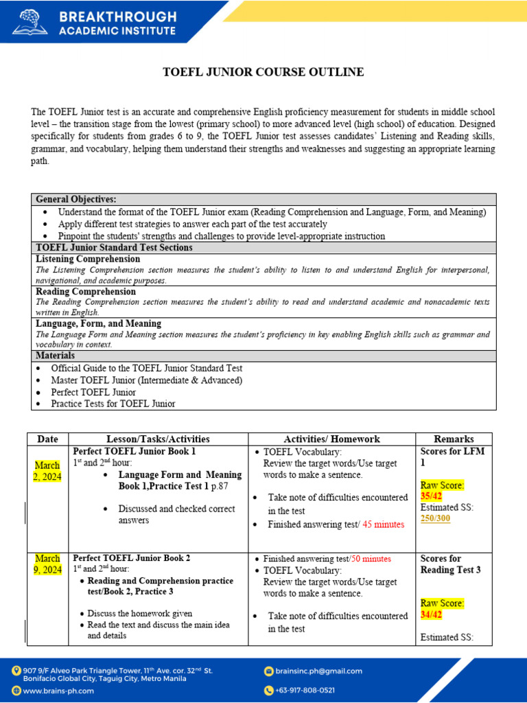 TOEFL Junior Course Outline and Activities | PDF | Reading ...