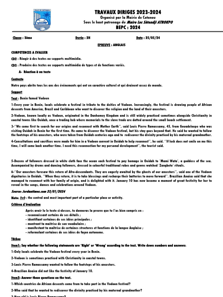 TD Mairie 2024 - 3ème - ANGL - 250524 - LV1 | PDF