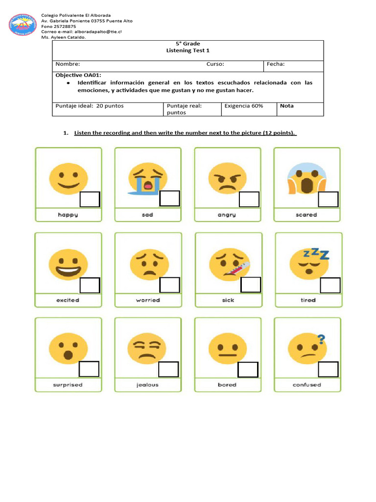 5° Básico Listening Test 1 Emotions and Like Dislike | PDF