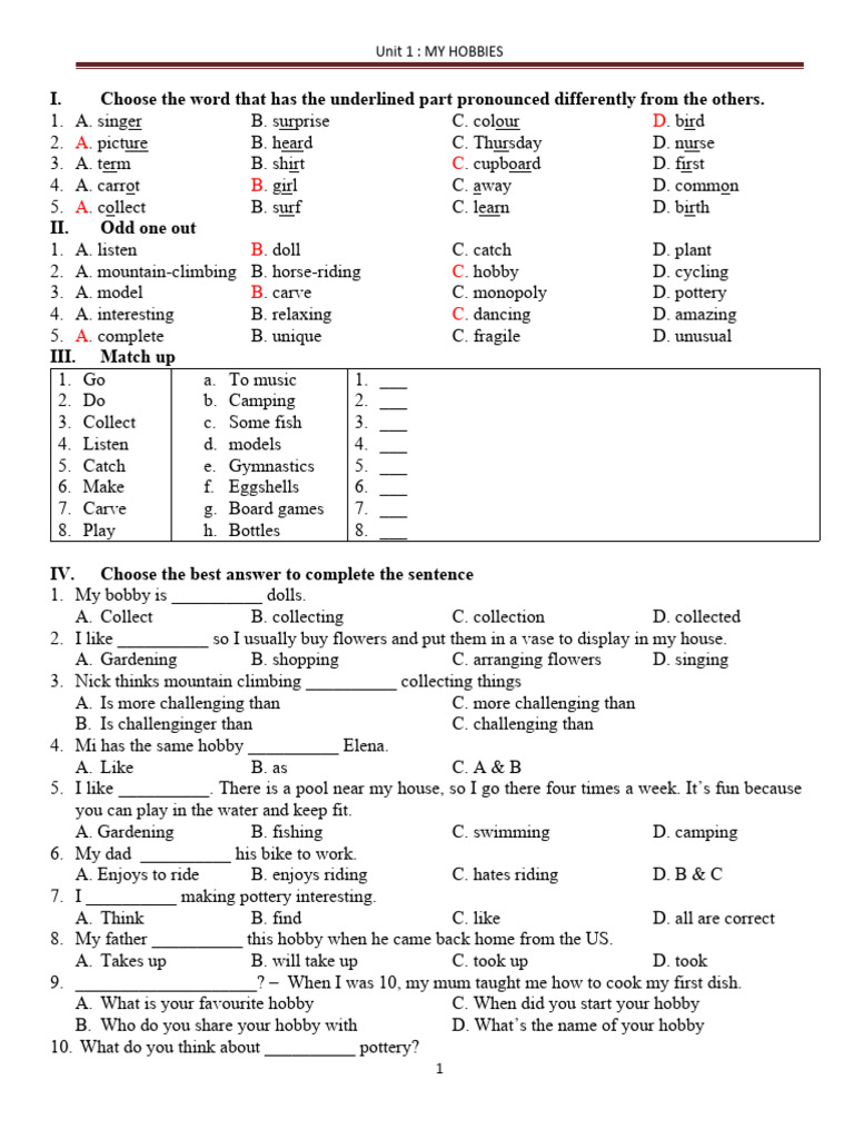 Unit 1 My Hobbies Pdf Ice Hobbies