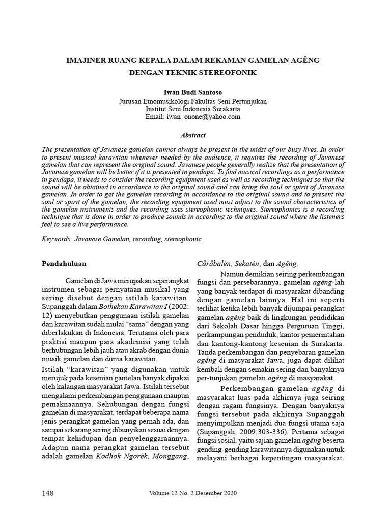 Imajiner Ruang Kepala Dalam Rekaman Gamelan Agêng Dengan Teknik ...