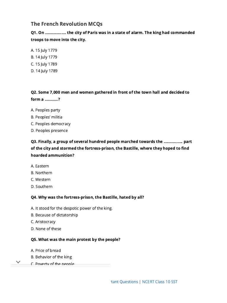 The French Revolution MCQs Class 9 History Chapter 1 | PDF | French ...
