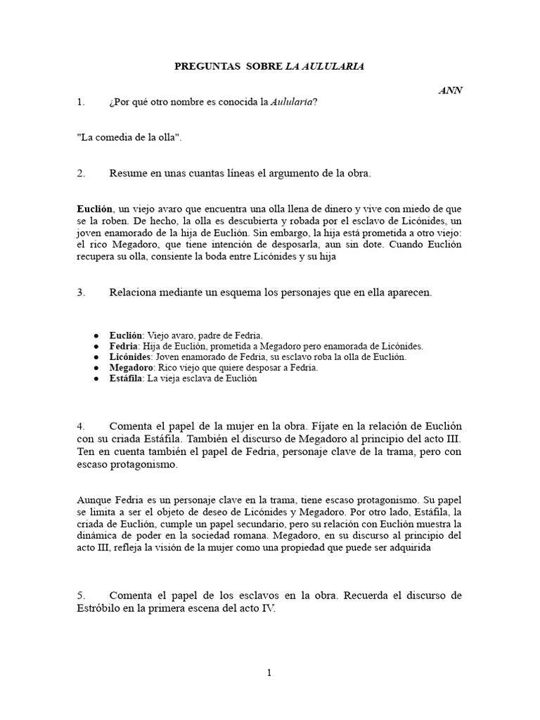 Guía de Lectura de La Aulularia Ann | PDF