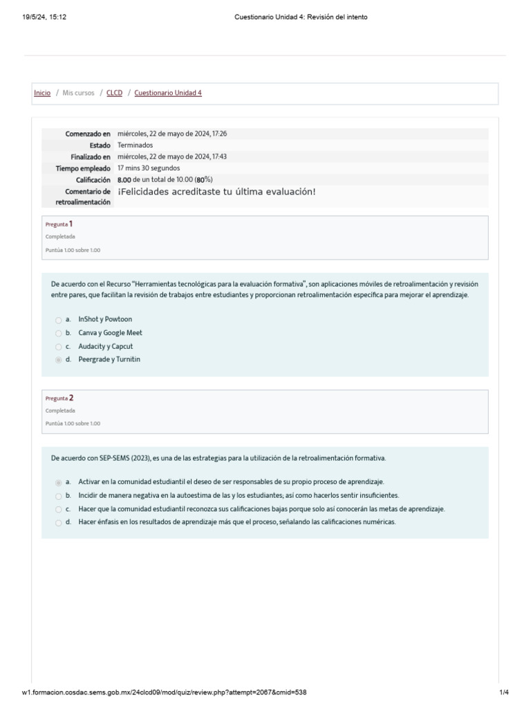 Cuestionario Unidad 4 - Revisión Del Intento Curso 2 | PDF | Evaluación | Aprendizaje