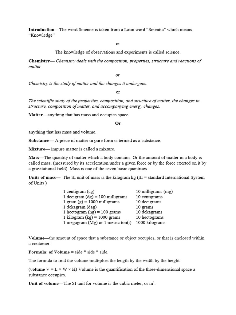 Chemistry Basics: Matter, Mass, and Volume | PDF | Mole (Unit) | Ion
