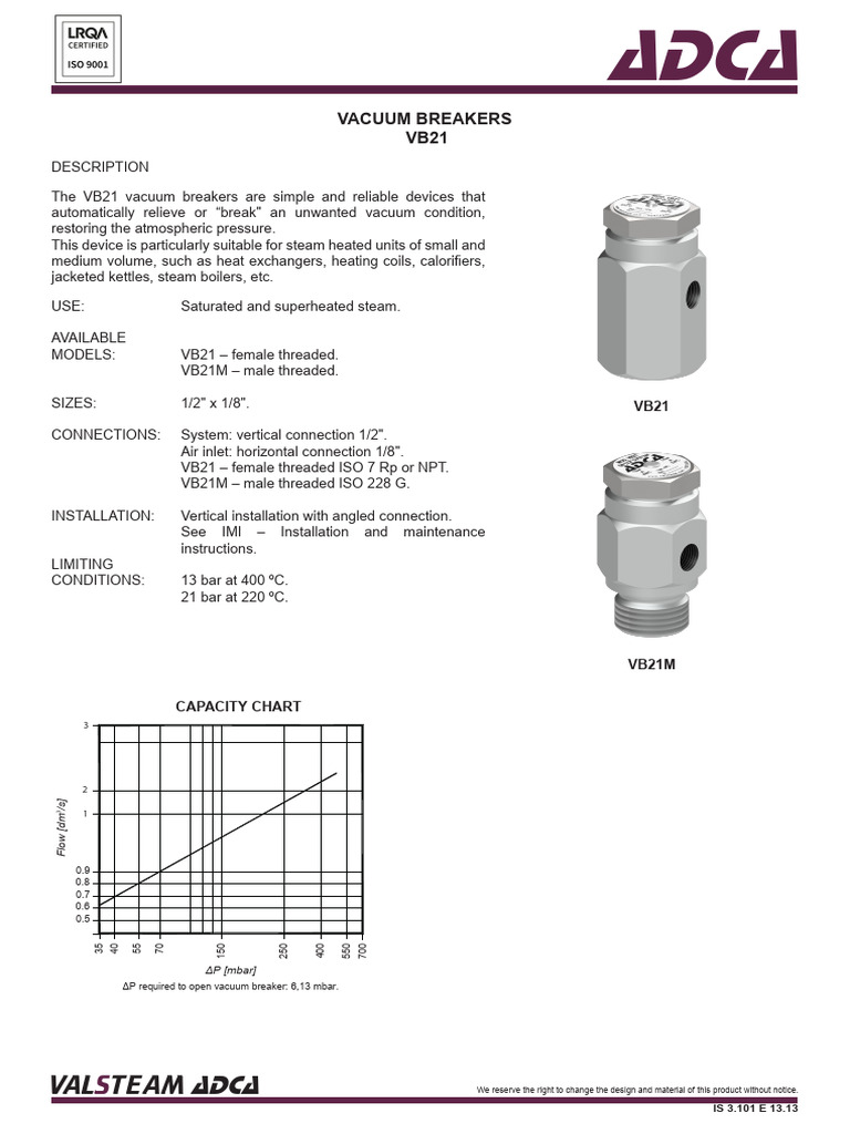 VB21 Vacuum Breakers for Steam Systems | PDF | Heat Exchanger | Steam