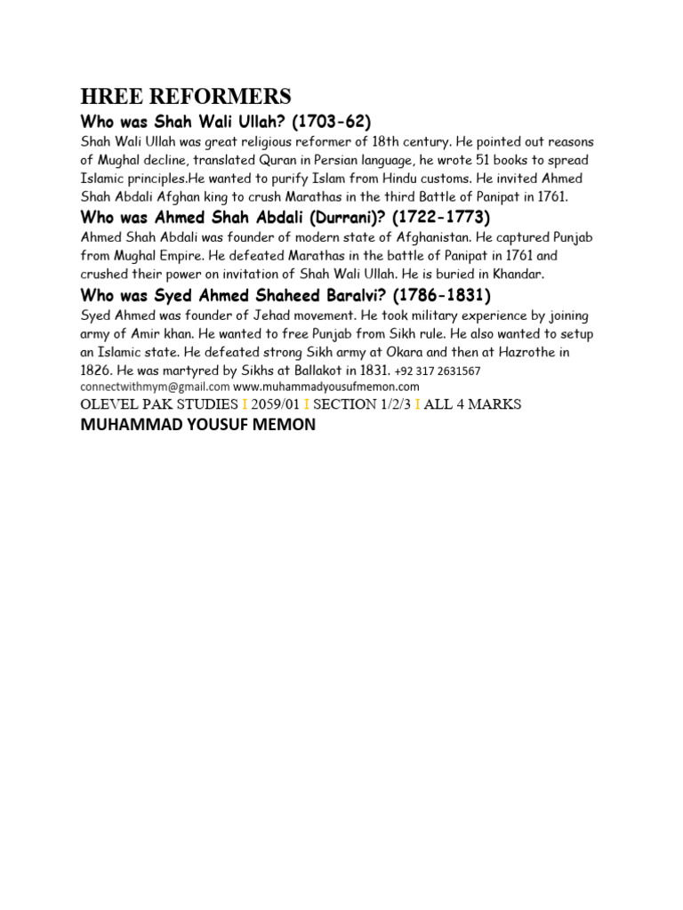 18th-19th Century Islamic Reformers | PDF | Punjab | South Asia