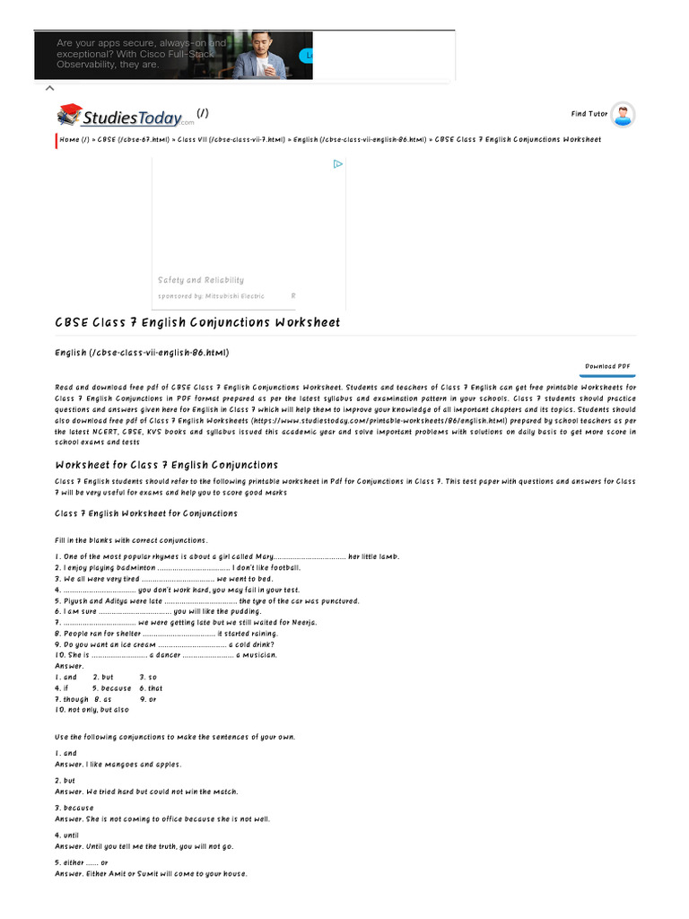 Class 7 Conjunctions Worksheet PDF | PDF | Adverb | English Language