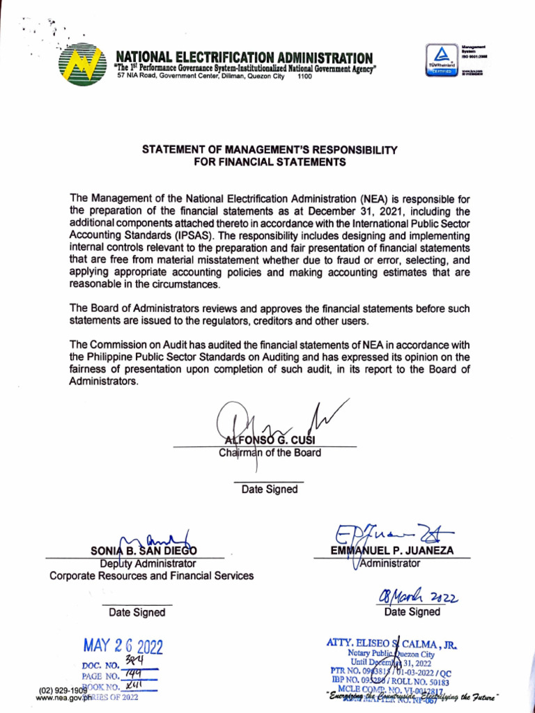 NEA Financial Statement Responsibility | PDF | Audit | Accounting