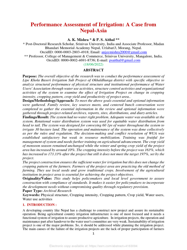 Performance Assessment of Irrigation | PDF | Agriculture | Irrigation