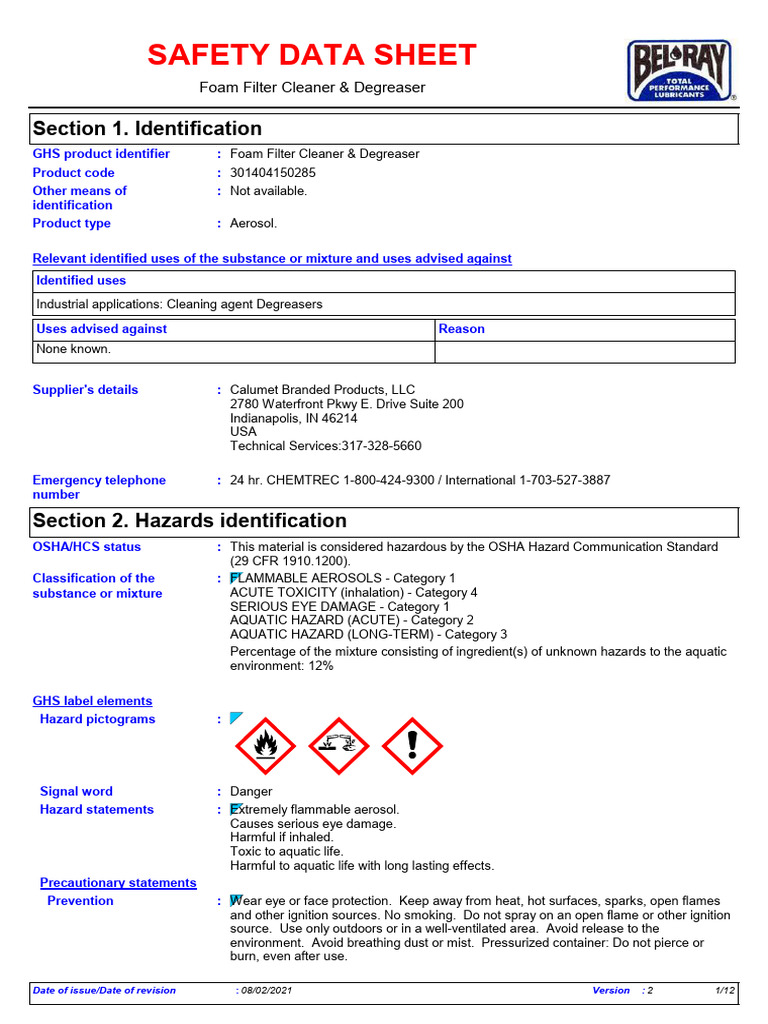 Foam Filter Cleaner Safety Data Sheet | PDF | Toxicity | Personal ...