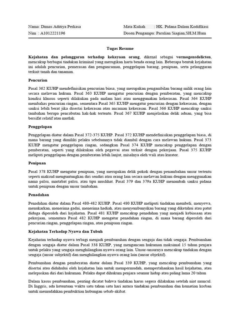 Dimas Aditiya Perkasa - Tugas Resume - PidanaDalamKodifikasi | PDF | Ilmu Sosial | Hukum