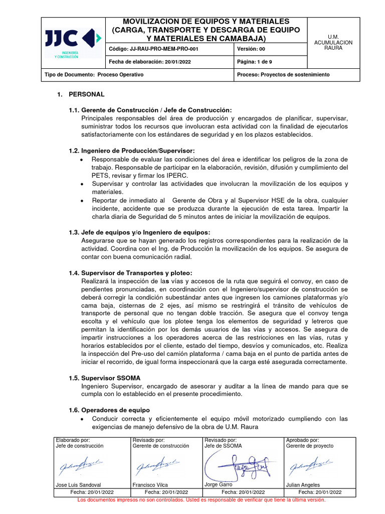 JJ RAU PRO MEM PRO 001 - Movilización de Equipos y Materiales | PDF