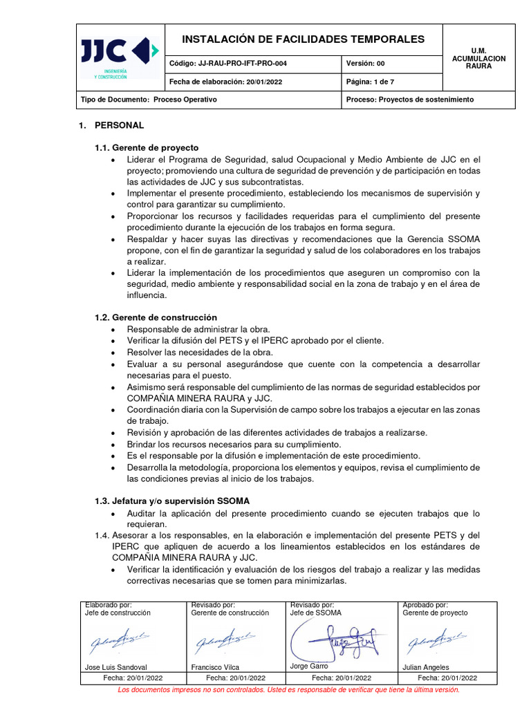 JJ RAU PRO IFT PRO 004 - Instalación de Facilidades Temporales | PDF ...