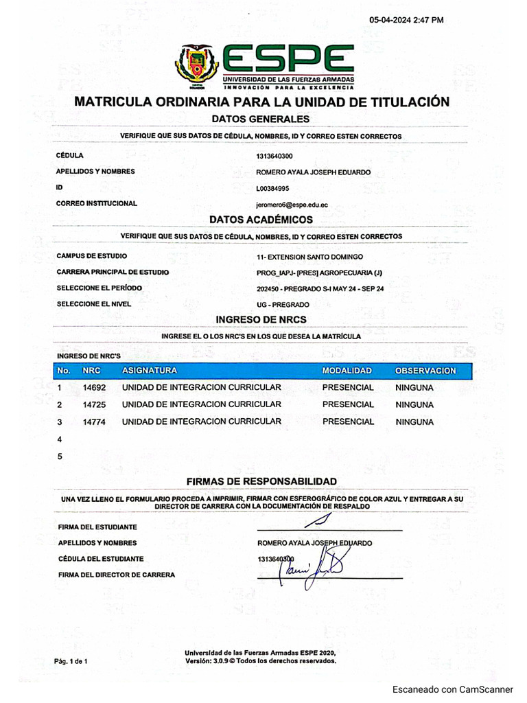 Formulario de matrícula | PDF