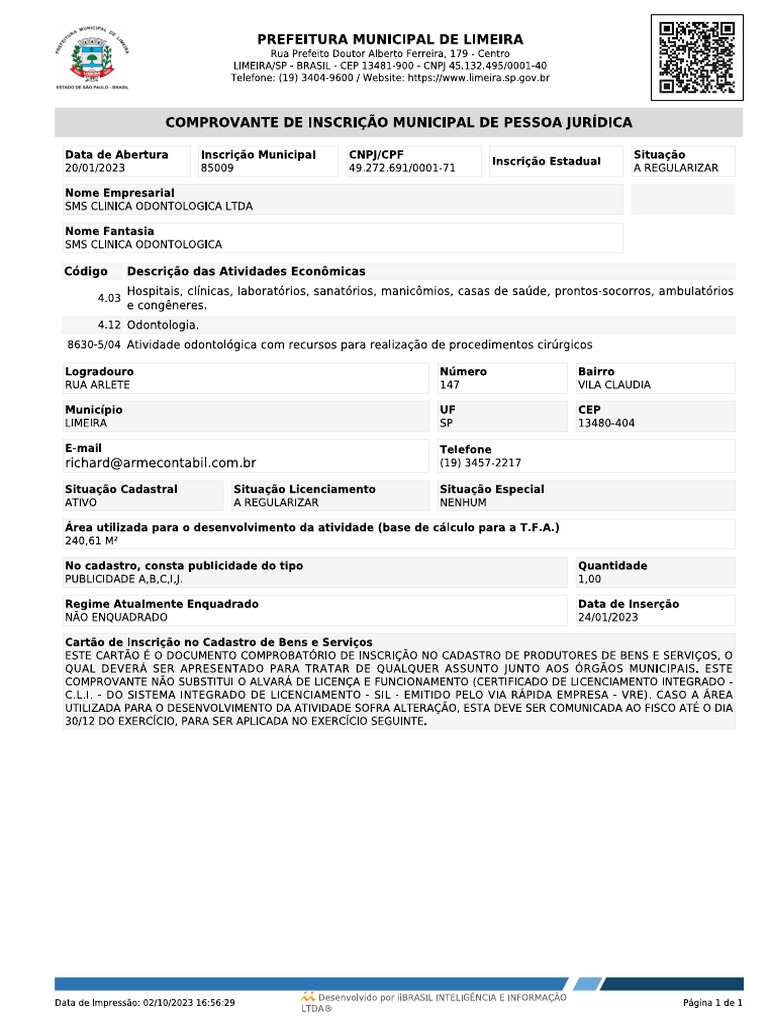 Comprovante de Inscrição Municipal de Pessoa Jurídica | PDF