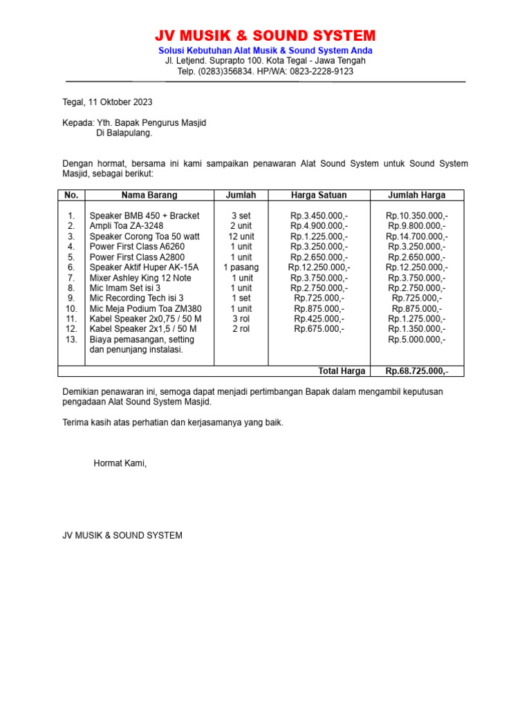 Penawaran Sound System Masjid Balapulang Okt 2023 | PDF