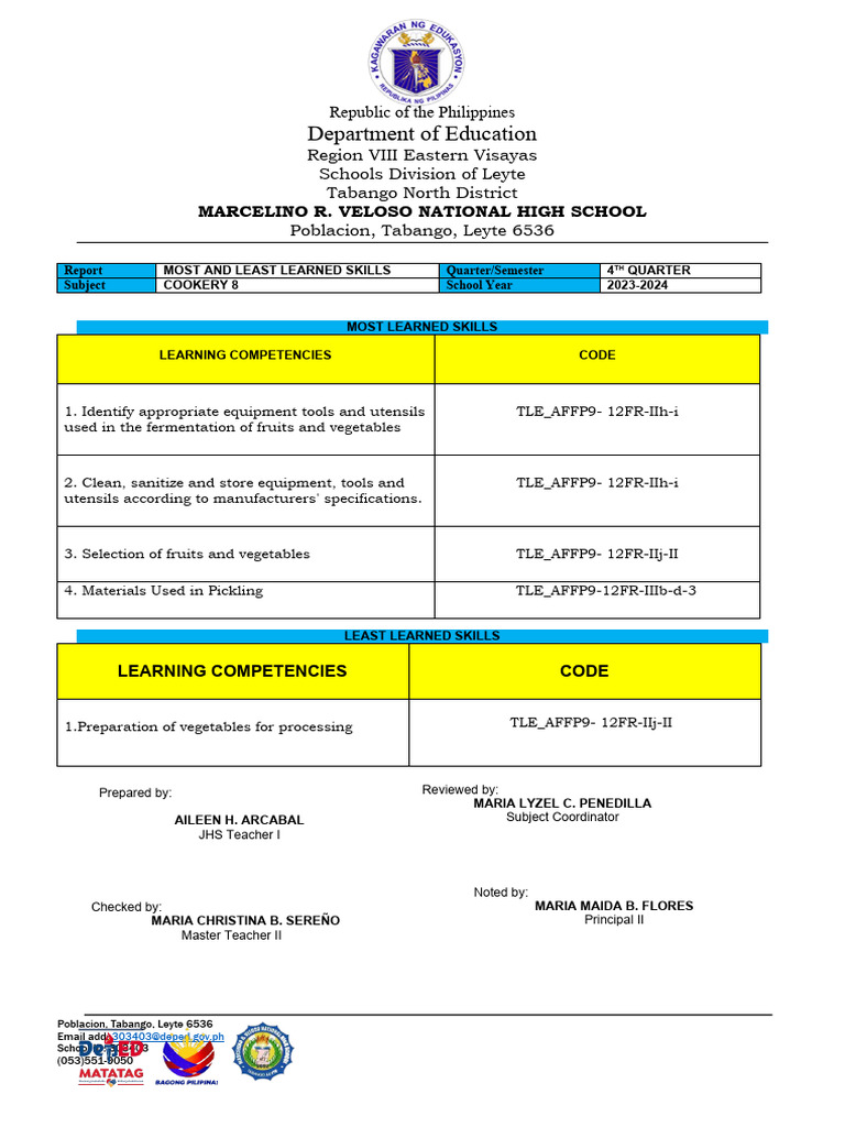 GRADE 8 MOST AND LEAST LEARNED SKILLS | PDF