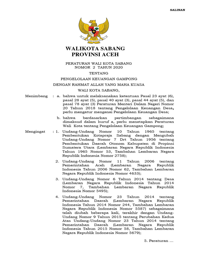 Perwal Nomor 2 Tahun 2020 Tentang Pedoman Pengelolaan Keuangan Gampong ...