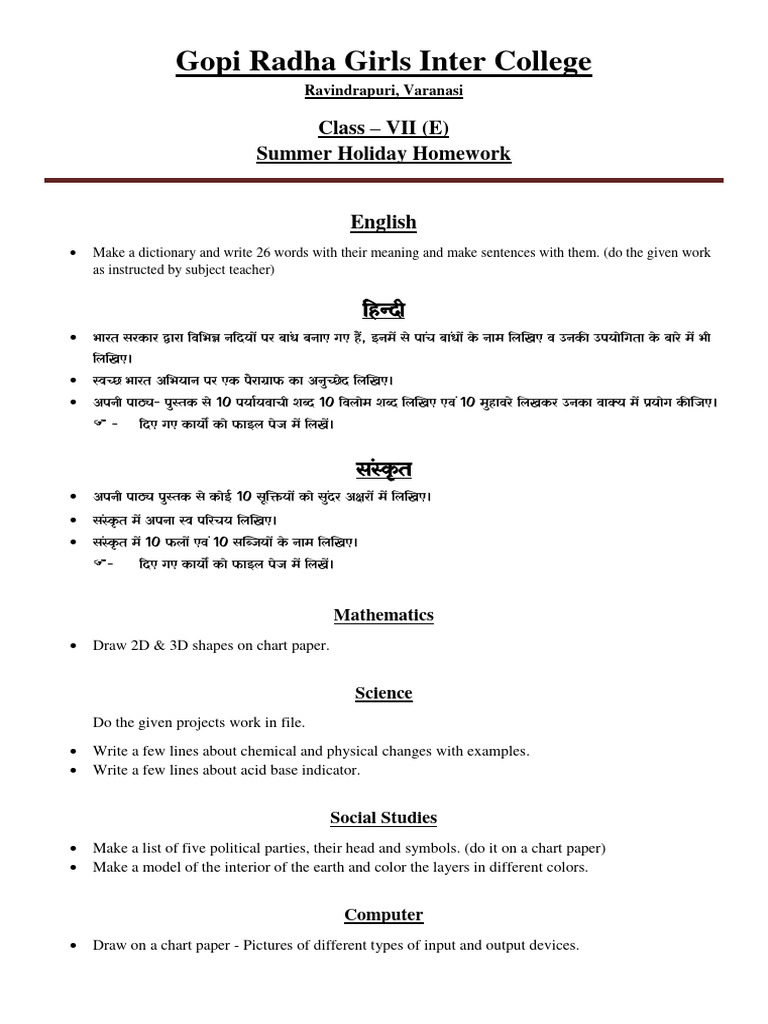 Class-7 - Holiday Homework | PDF