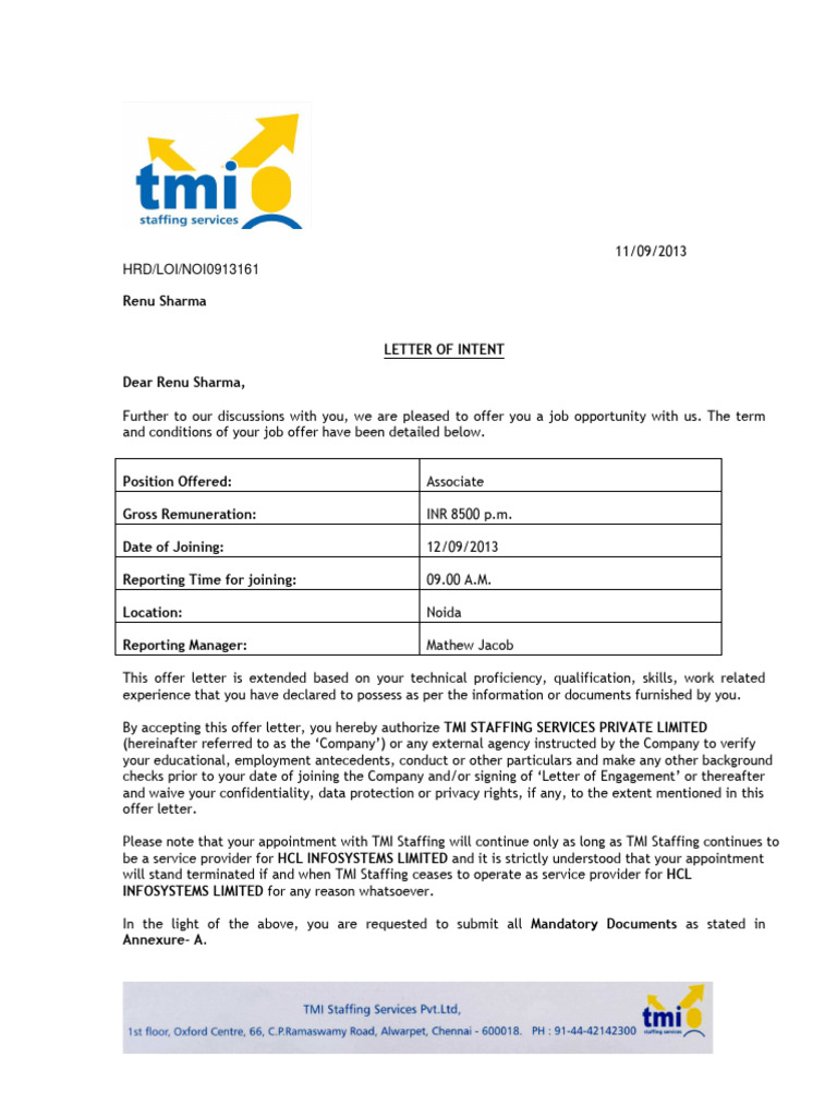 Offer Letter From HCL | PDF