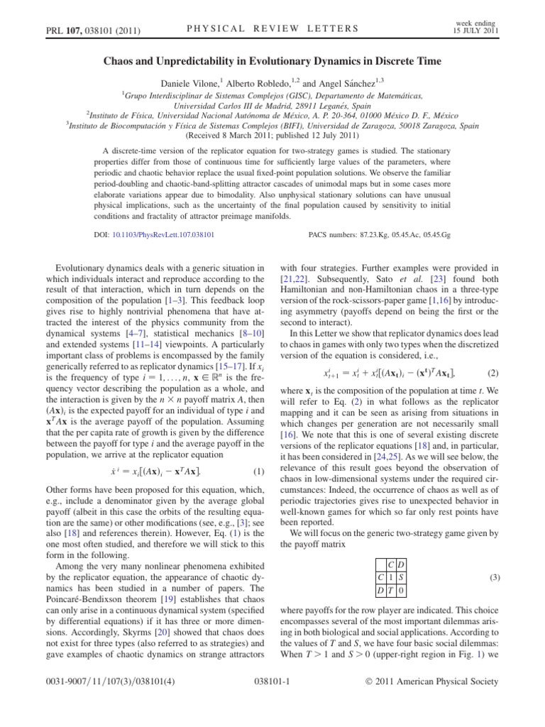 Chaos and Unpredictability in Evolutionary Dynamics in Discrete Time | PDF | Chaos Theory ...