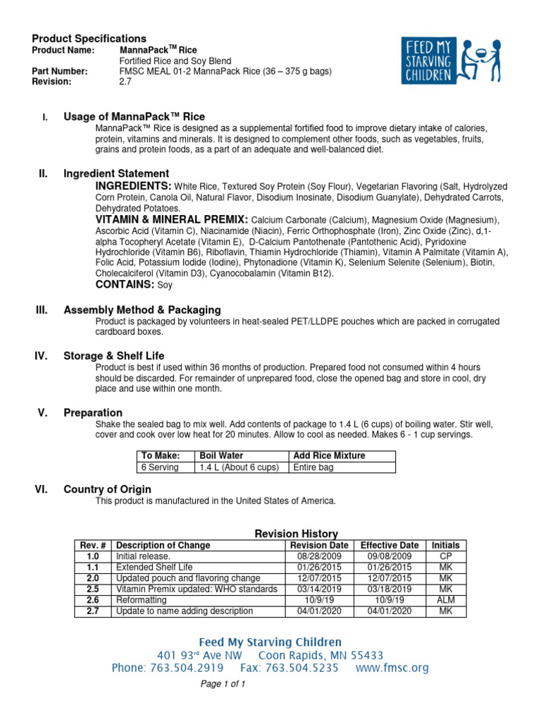Product Specifications MannaPack Rice 36 375g Bags | PDF | Vitamin | Foods