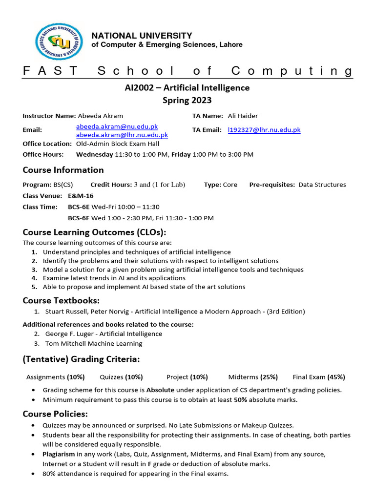 Artificial Intelligence (AI2002) Course Outline Spring 2023 | PDF | Artificial Intelligence ...