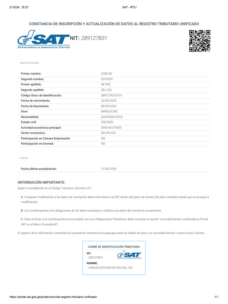 Portal SAT - Impresión de RTU - Guatemala Stiven | PDF
