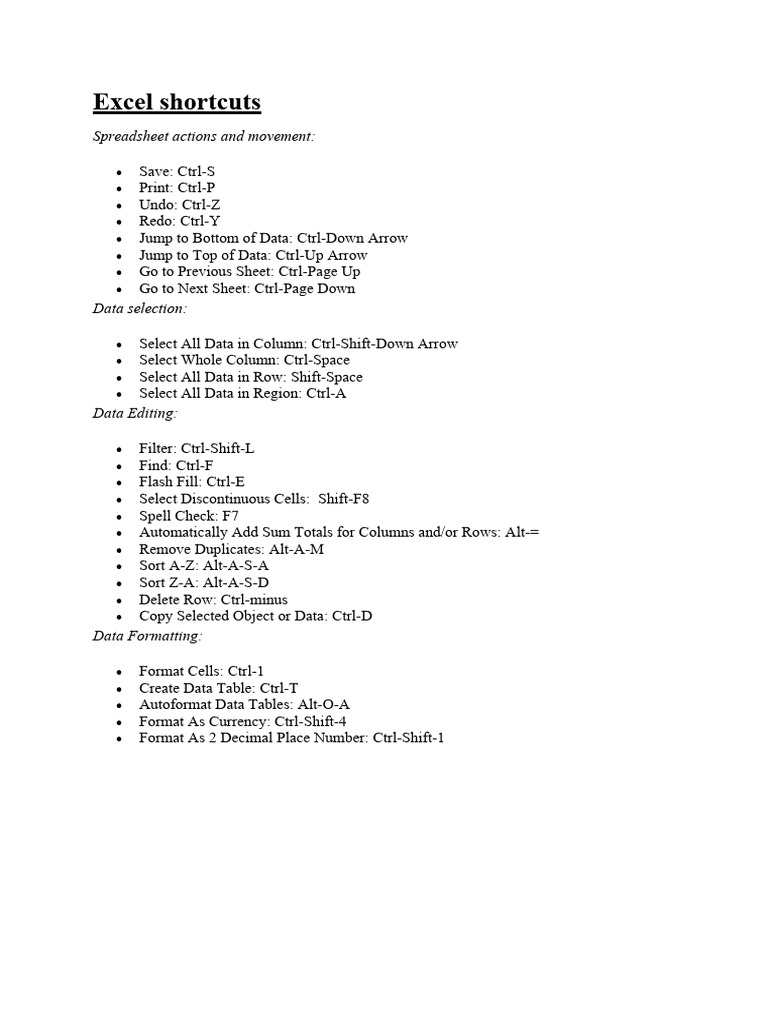 Excel Shortcuts | PDF | Computers | Technology & Engineering