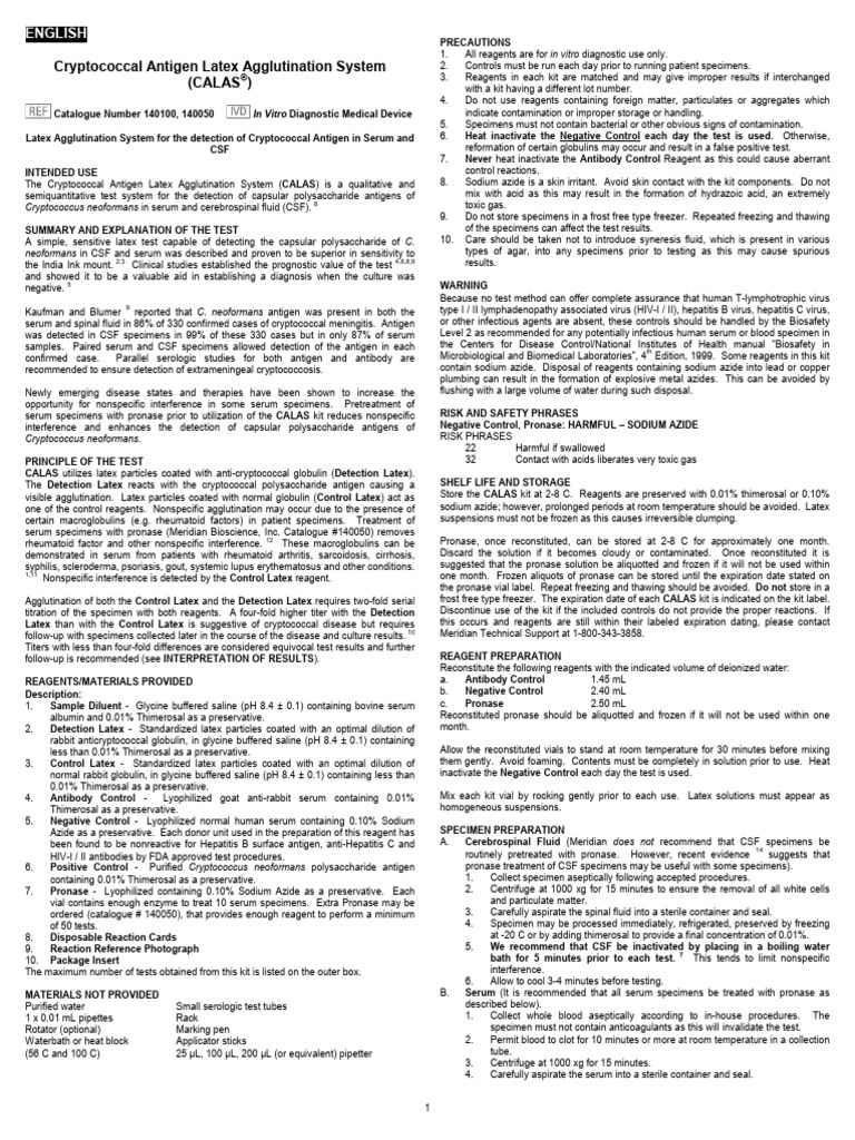 Cryptococcal Antigen Latex Agglutination System (CALAS®) | PDF | Blood ...