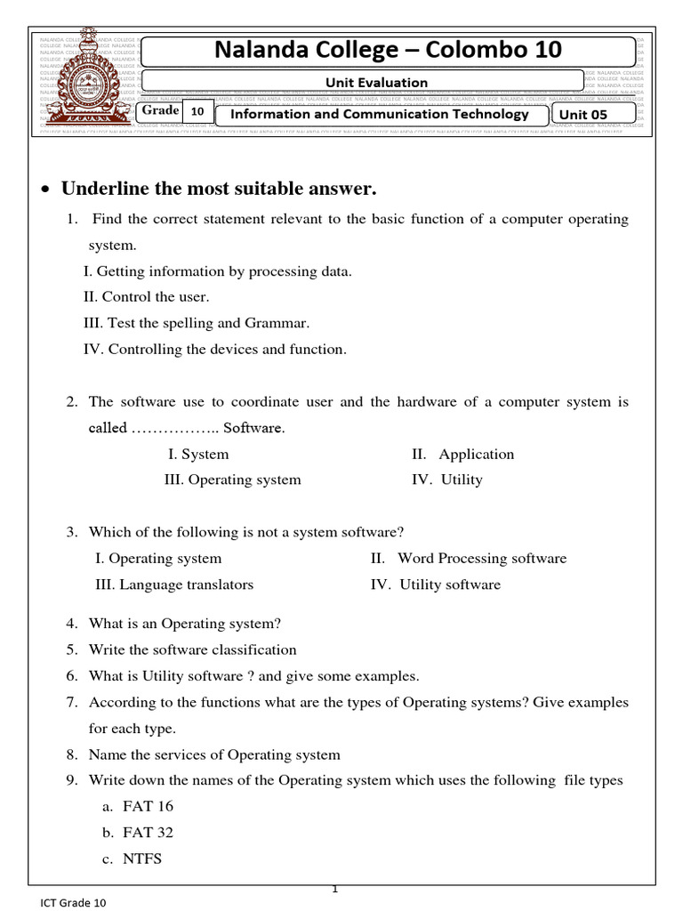 Grade 10 - Unit 05 | PDF | Computer File | Operating System