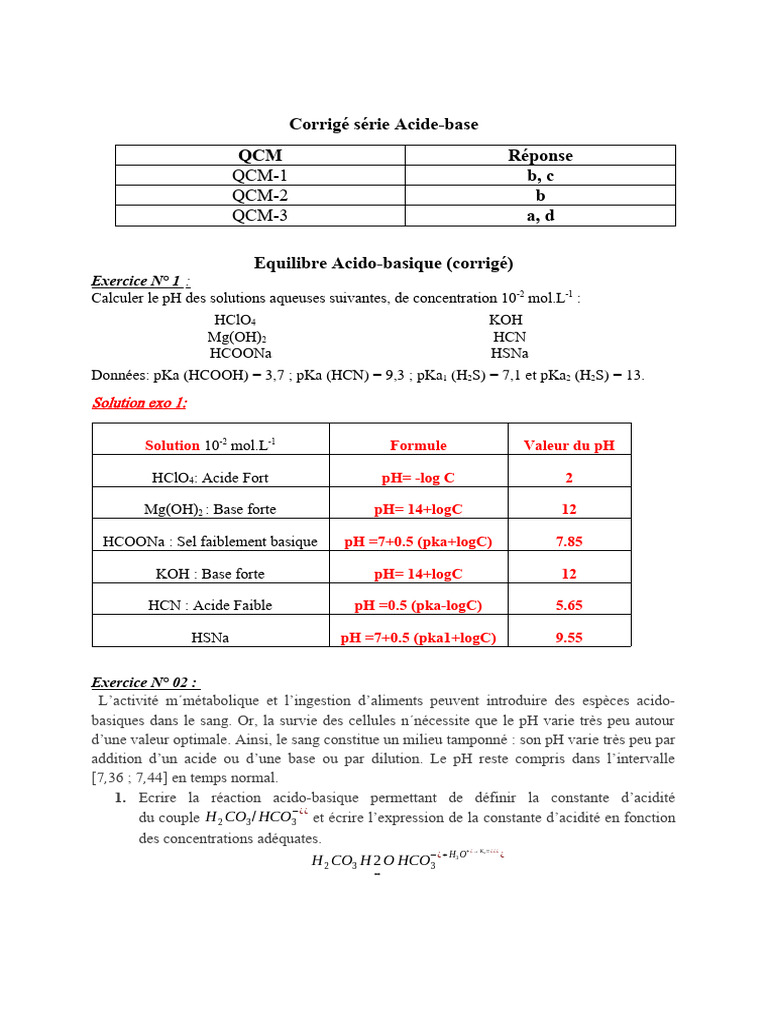 Corrigé sur les équilibres acido-basiques | PDF | Ph | Acide
