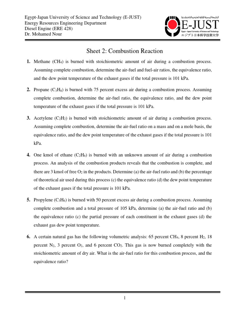 Sheet 2 - Combustion Reaction (And Solution) | PDF | Combustion | Gases