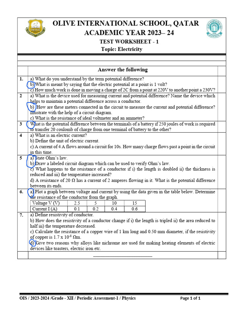 Circuit Diagram Questions for Class 10 | PDF | Voltage | Electrical ...