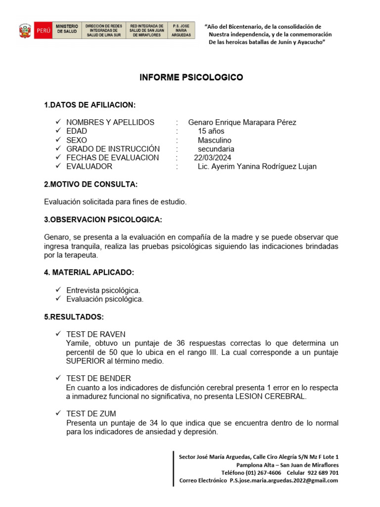 Informe Psicologico Genaro | PDF | Ciencias del comportamiento | Sicología