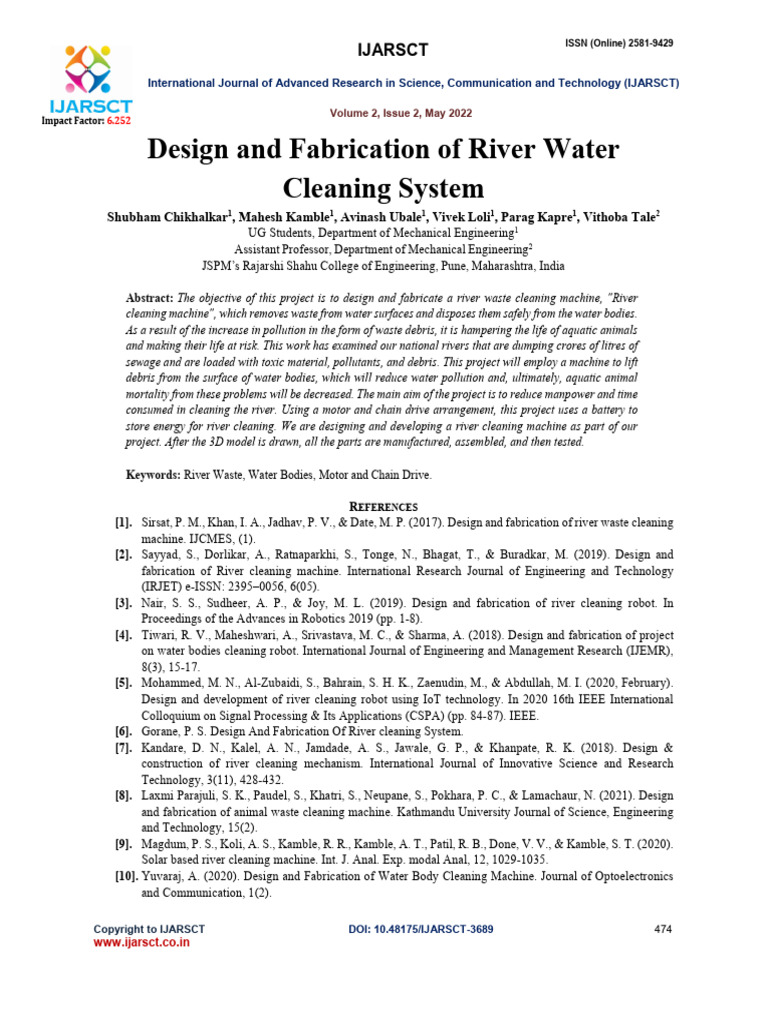 Design and Fabrication of River Water Cleaning System: Ijarsct ...