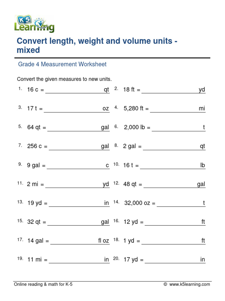 Grade 4 Convert Length Weight Volume Units A | PDF | Science & Mathematics