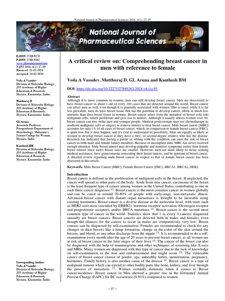 A Critical Review On-Comprehending Breast Cancer in Men With Reference ...