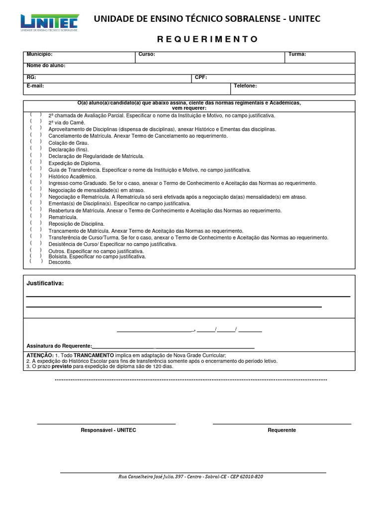ficha de requerimento - UNITEC | Download grátis PDF | Estágios educacionais